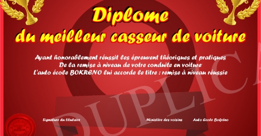 Diplome du meilleur casseur de voiture