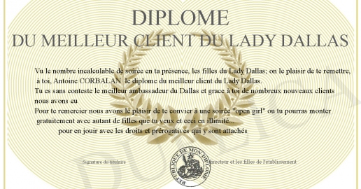Diplome du meilleur client du Lady Dallas