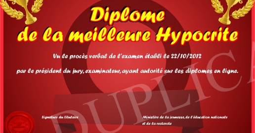 Diplome de la meilleure Hypocrite