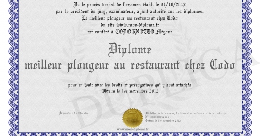 Diplome meilleur plongeur au restaurant chez Codo