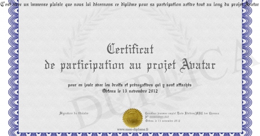 Certificat de participation au projet Avatar