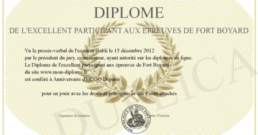 Diplome de l excellent participant aux epreuves de Fort Boyard