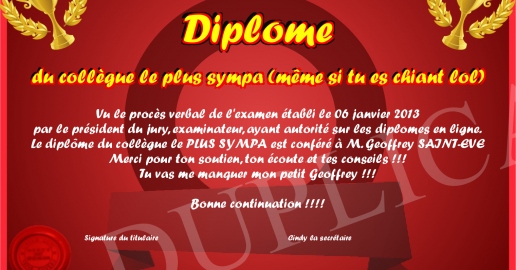 Diplome du collegue le plus sympa (meme si tu es chiant lol)