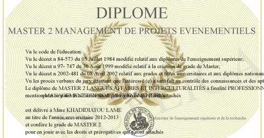 Diplome MASTER 2 MANAGEMENT DE PROJETS EVENEMENTIELS