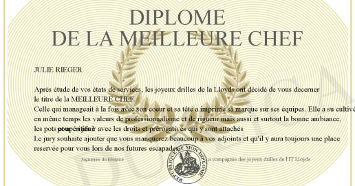 Diplome de la meilleure chef