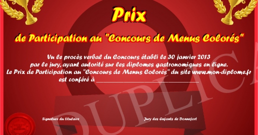 Prix de Participation au -Concours de Menus Colores-
