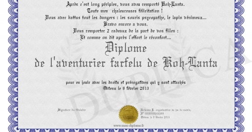 Diplome de l aventurier farfelu de Koh-Lanta