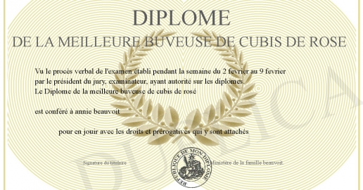 Diplome de la meilleure buveuse de cubis de rose