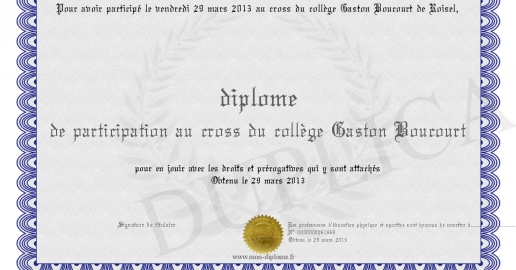 diplome de participation au cross du college Gaston Boucourt