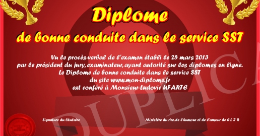 Diplome de bonne conduite dans le service SST