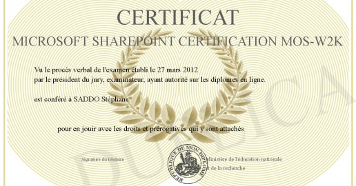 certificat Microsoft Sharepoint Certification MOS-W2K