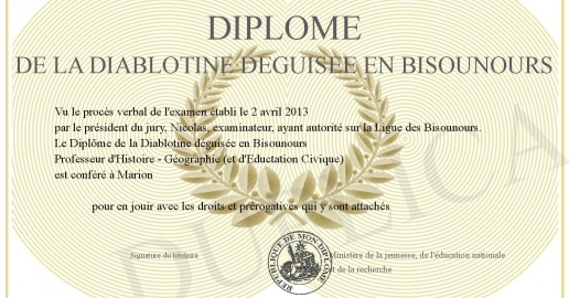 Diplome de la Diablotine deguisee en Bisounours