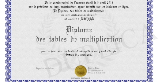 Diplome des tables de multiplication