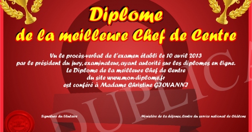 Diplome de la meilleure Chef de Centre