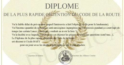 Diplome de la plus rapide obtention du Code de la Route