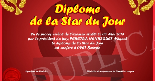 Diplome de la Star du Jour