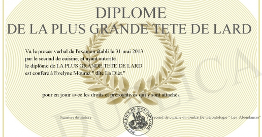 Diplome de la plus grande tete de lard