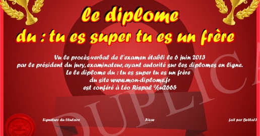le diplome du : tu es super tu es un frere