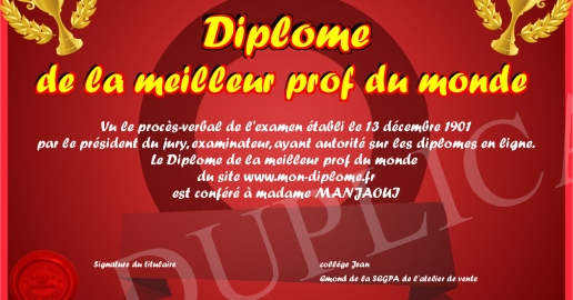Diplome de la meilleur prof du monde