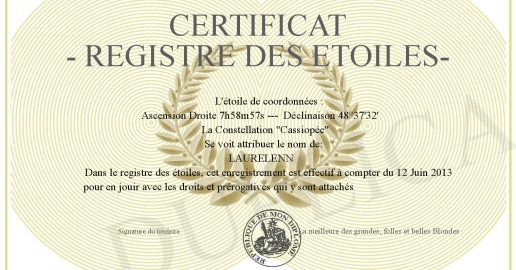 Certificat - REGISTRE DES ETOILES-