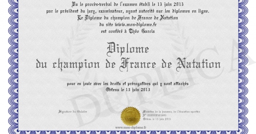 Diplome du champion de France de Natation