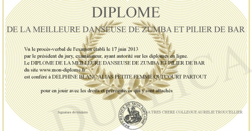 DIPLOME DE LA MEILLEURE DANSEUSE DE ZUMBA ET PILIER DE BAR