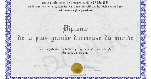 Diplome de la plus grande dormeuse du monde