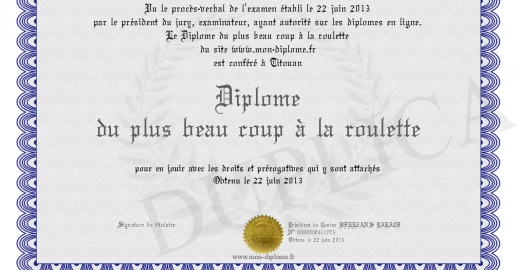 Diplome du plus beau coup a la roulette