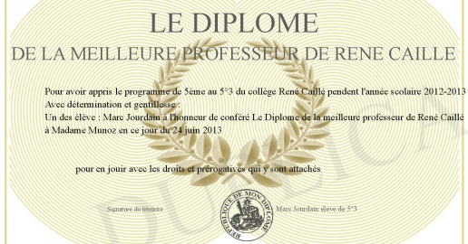 Le Diplome de la meilleure professeur de Rene Caille