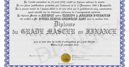 Diplome du GRADE MASTER en FINANCE