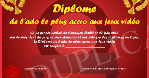 Diplome de l ado le plus accro aux jeux video