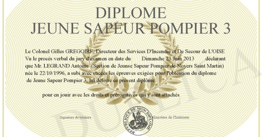 Diplome Jeune Sapeur Pompier 3