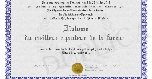 Diplome du meilleur chanteur de la fureur