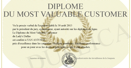 Diplome du Most Valuable Customer