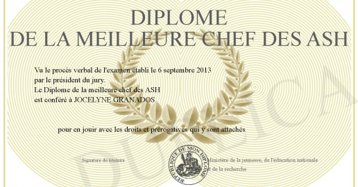 Diplome de la meilleure chef des ASH