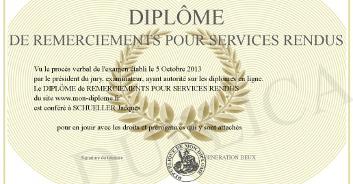 DIPLÔME de REMERCIEMENTS POUR SERVICES RENDUS