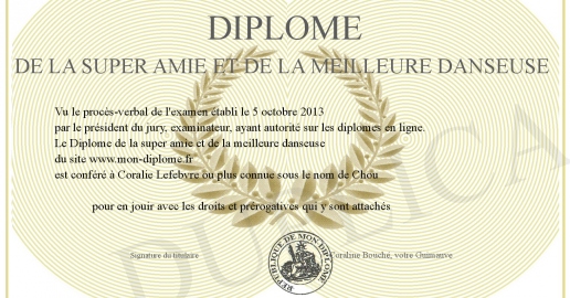 Diplome de la super amie et de la meilleure danseuse