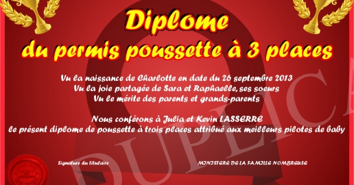 Diplome du permis poussette a 3 places