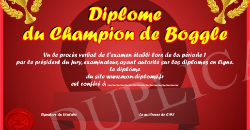 Diplome du Champion de Boggle