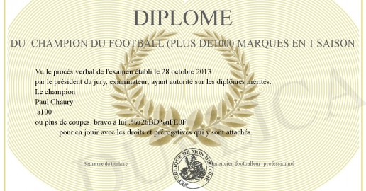 Diplome du champion du football (plus de1000 marques en 1 saison