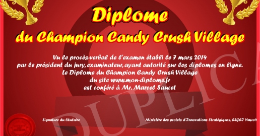 Diplome du Champion Candy Crush Village