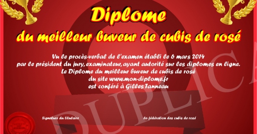 Diplome du meilleur buveur de cubis de rose