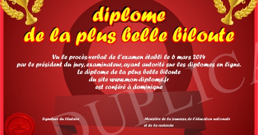 diplome de la plus belle biloute