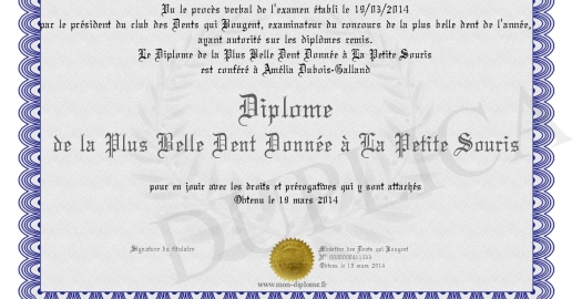 Diplome de la Plus Belle Dent Donnee a La Petite Souris