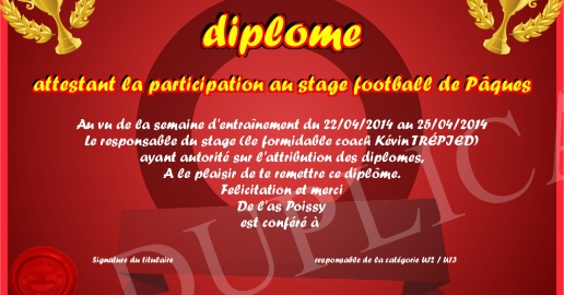 diplome attestant la participation au stage football de Paques