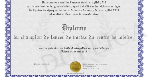 Diplome du champion de lancer de vortex du centre de loisirs
