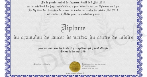 Diplome du champion de lancer de vortex du centre de loisirs