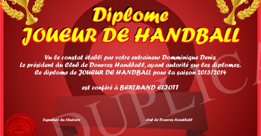 Diplome JOUEUR DE HANDBALL
