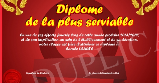 Diplome de la plus serviable