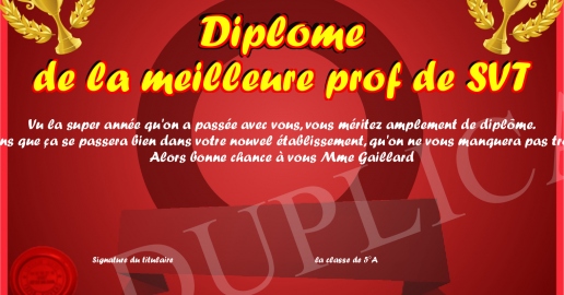 Diplome de la meilleure prof de SVT